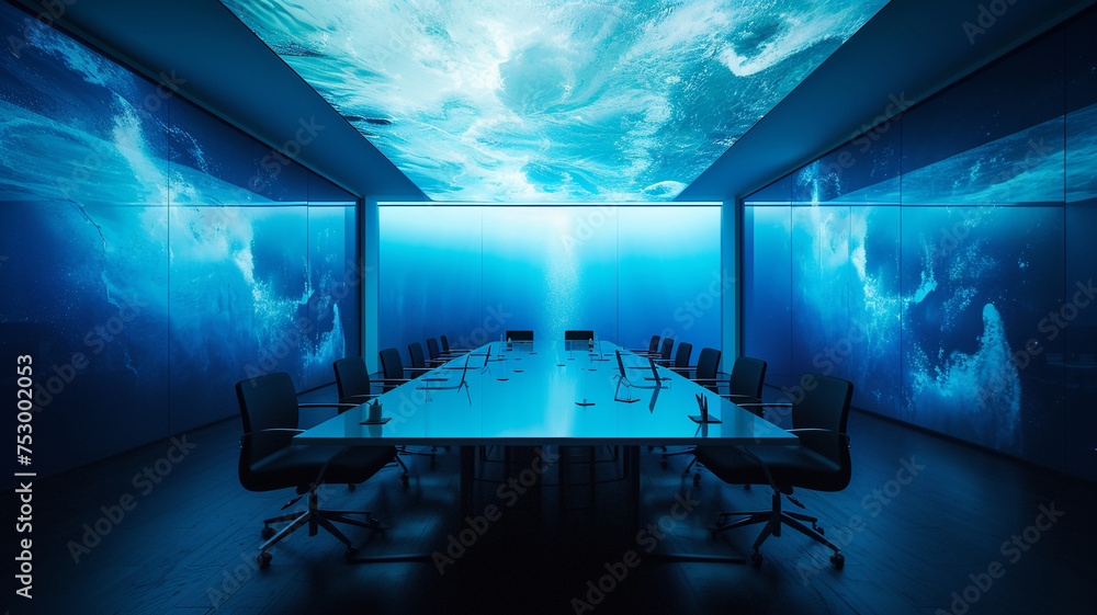 A virtual meeting room with AI-generated artwork on transparent walls ...