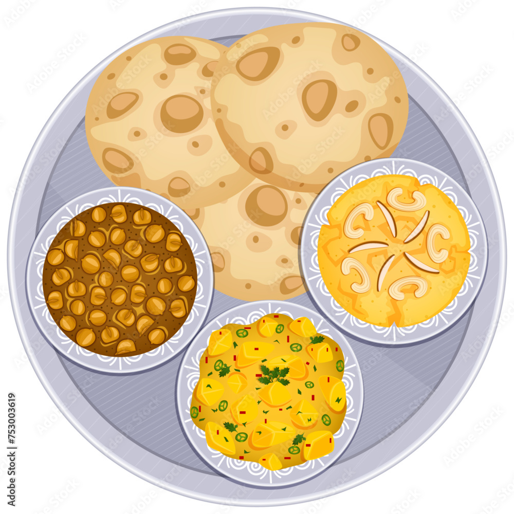 Halwa Puri with Chana Masala & Potato Curry - Indian Breakfast Thali ...