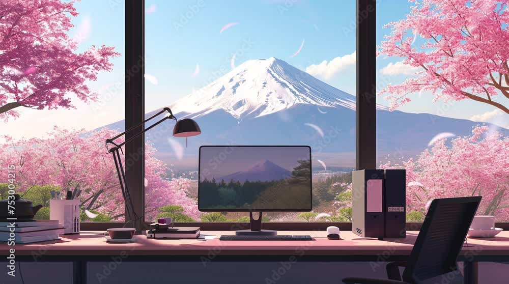 Modern office desk positioned facing panoramic window with breathtaking ...