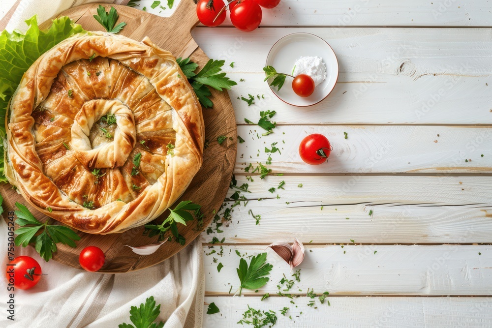 Burek made of filo dough with filling on cutting board, white wooden ...