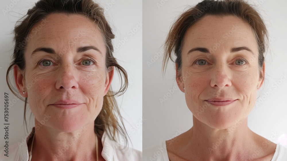 Before After anti aging face photo skin spa treatment older woman 40s 50s menopause wrinkles ...
