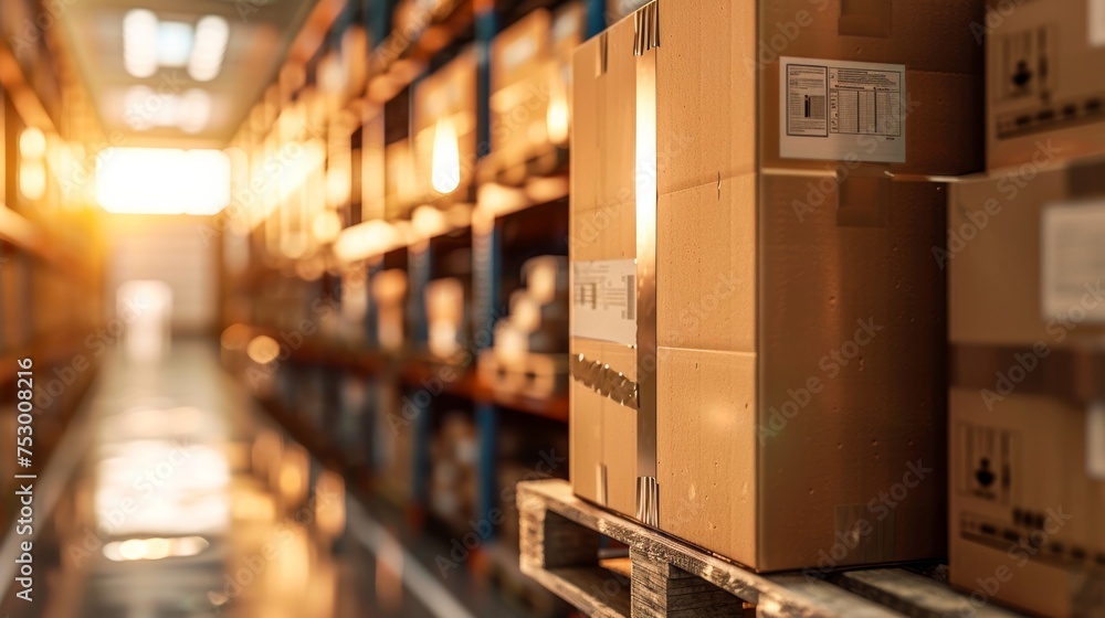 A logistic warehouse with neatly stacked cardboard packages lit by the ...