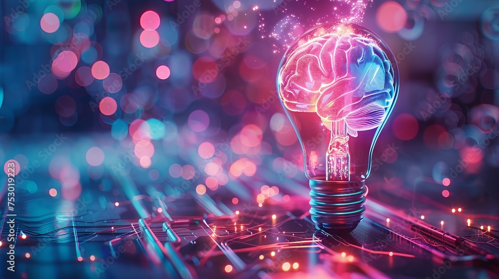 Human brain inside glowing light bulb. AI Brain Cloud Networking, GPU ...
