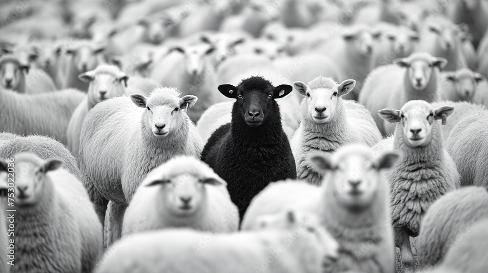 Oveja negra entre un rebaño de ovejas blancas Stock Illustration ...