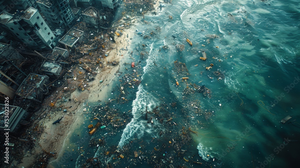 a polluted body of water, its once-clear surface now marred by a thick ...