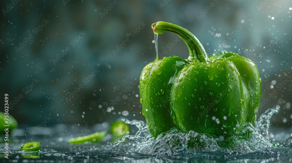 Bright green bell pepper with water droplets splashing off the surface ...