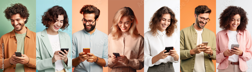 Gadget, cellphone addiction concept. Cheerful millennials men and women ...