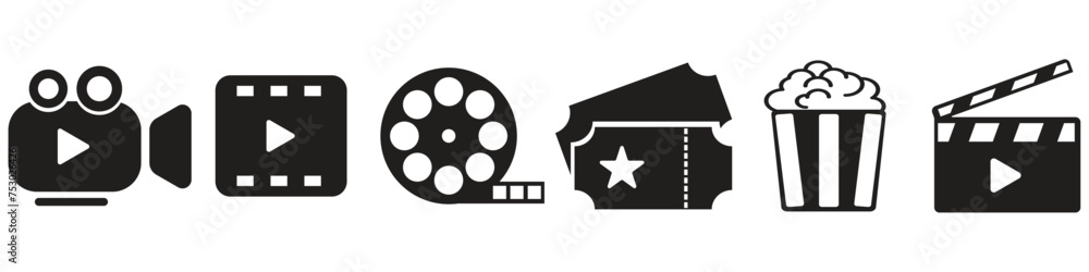 Cinema icons set. Collection icon: Popcorn box, movie, clapper board ...