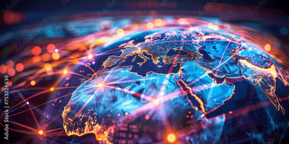 A digital map of Europe with glowing connections between cities ...