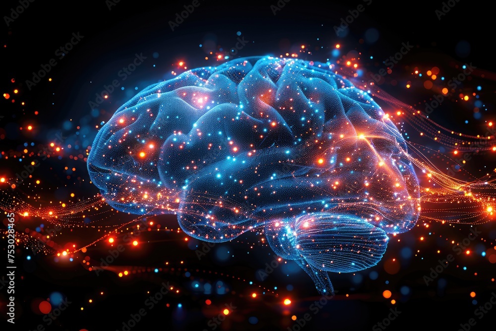 Digital artwork of a human brain with glowing neural pathways depicting ...