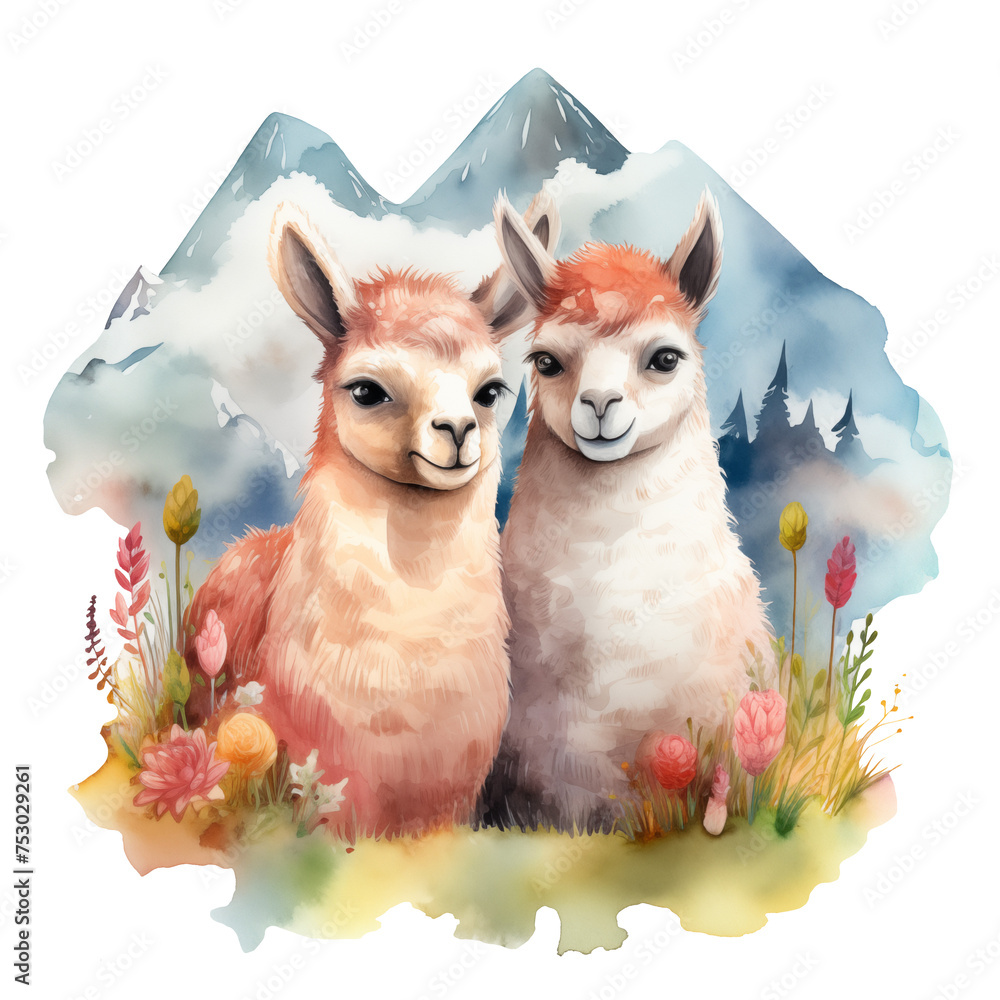 portrait of two cute llamas with flowers, isolated on a transparent ...