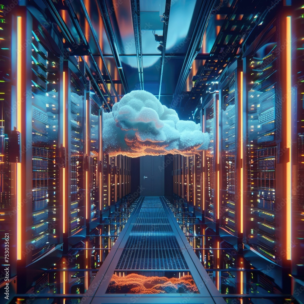 Futuristic visualization of cloud computing within a data center corridor, showcasing secure and ...