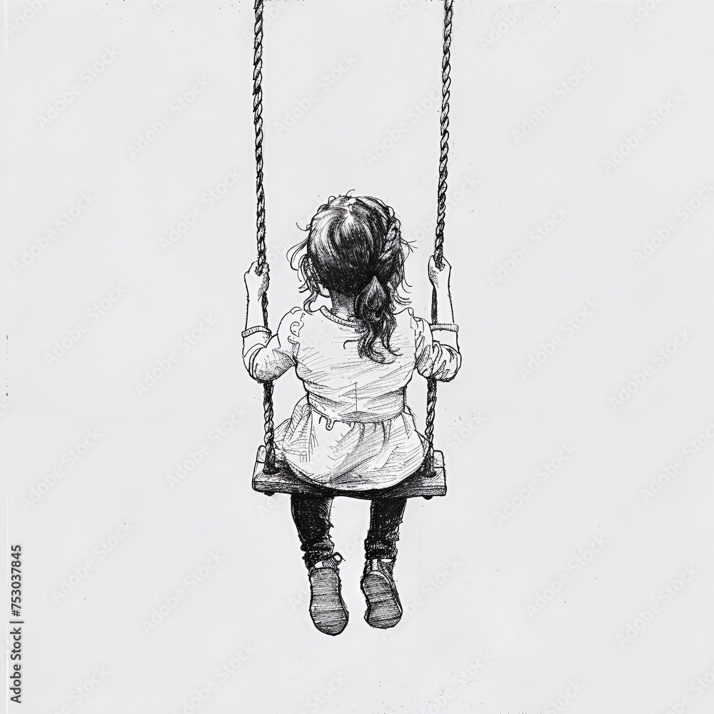 Minimalist black and white line drawing, a young girl on a swing, her ...