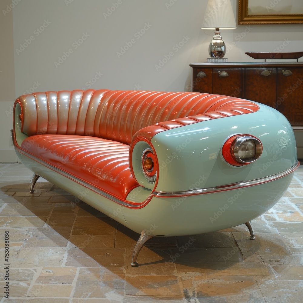 Retro-futuristic couch designed to resemble a vintage car, complete ...