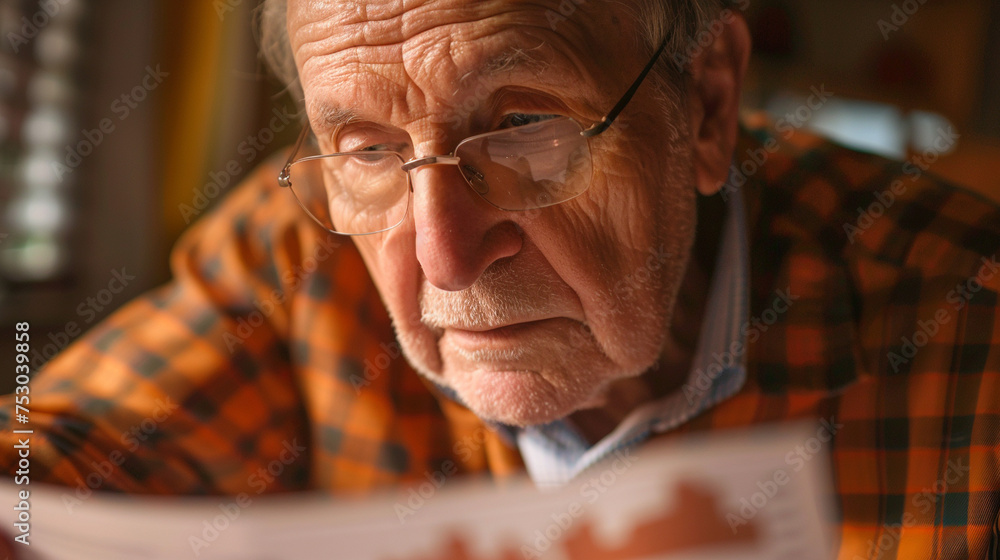 Photo of a senior analyzing a retirement cash flow chart, with a close ...