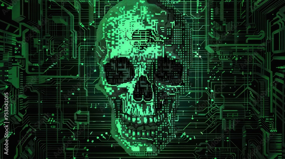 Pixel art illustration depicting a ghostly skull and crossbones in ...