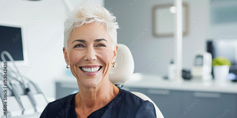 Happy mature woman at dentist. Middle aged beautiful woman having teeth ...