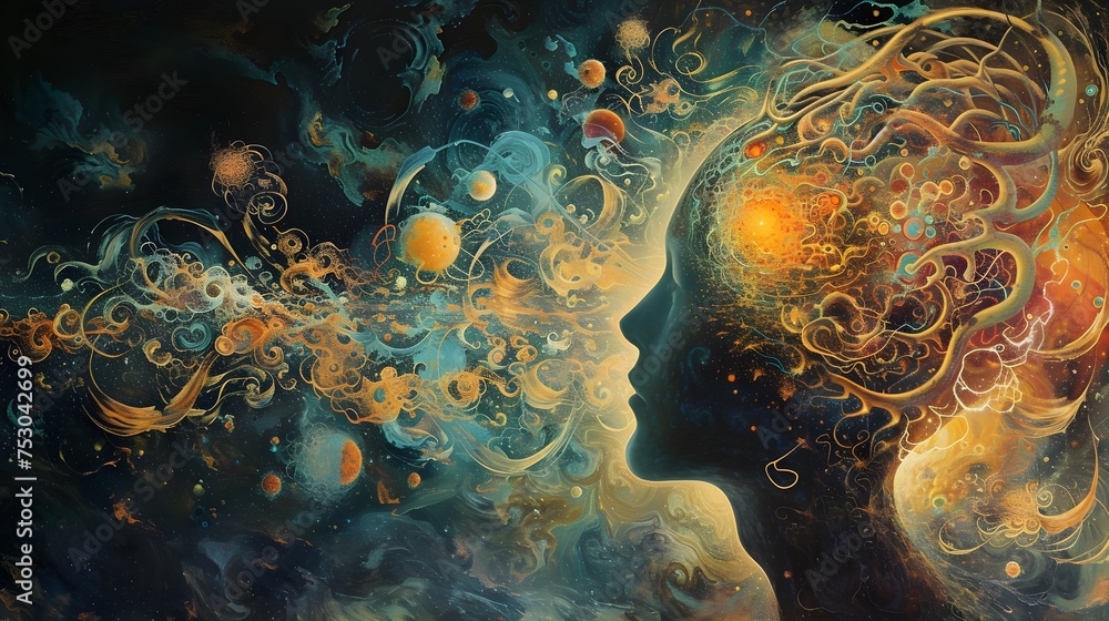 A side view of the head of a humanoid with luminous neural connections ...