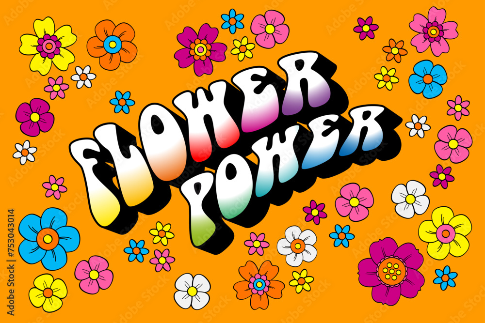 Flower power lettering surrounded by numerous and colorful hippie ...