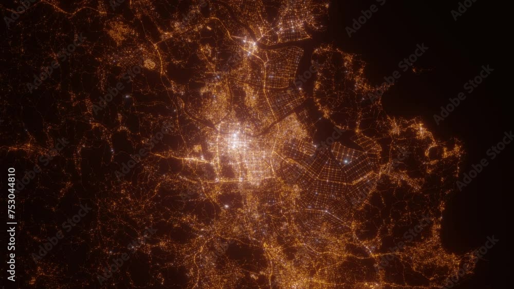 Okayama (Japan) top view at night. Top view on modern city with street ...
