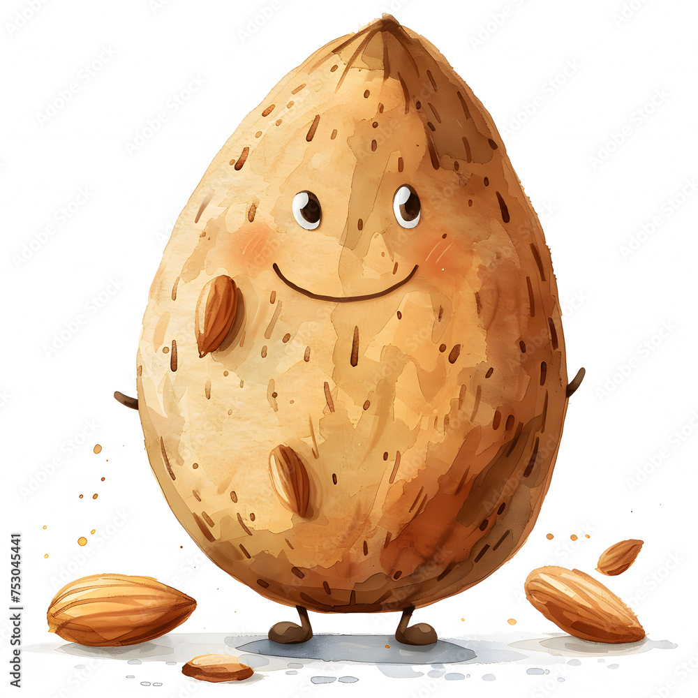 almonds grains cute cartoons full body watercolor illustration single ...