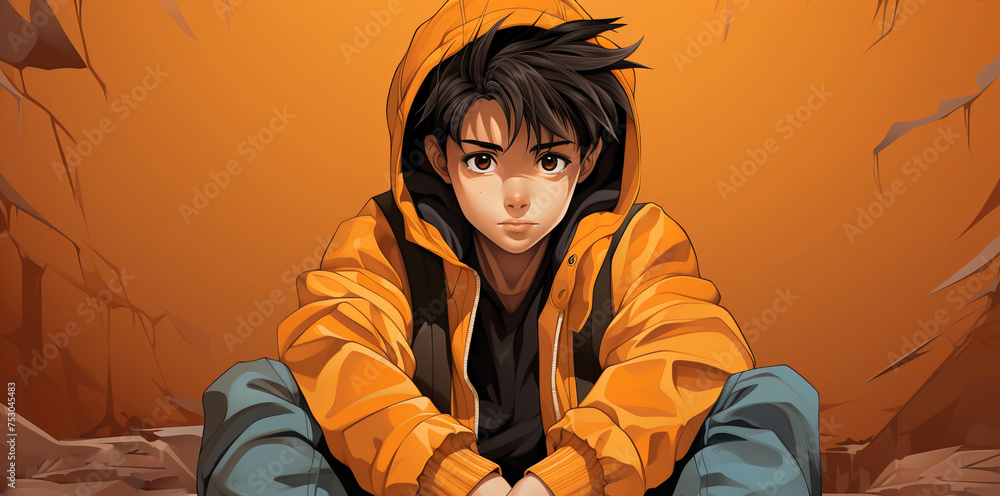 Manga or anime style illustration of a teenage boy with an expression ...