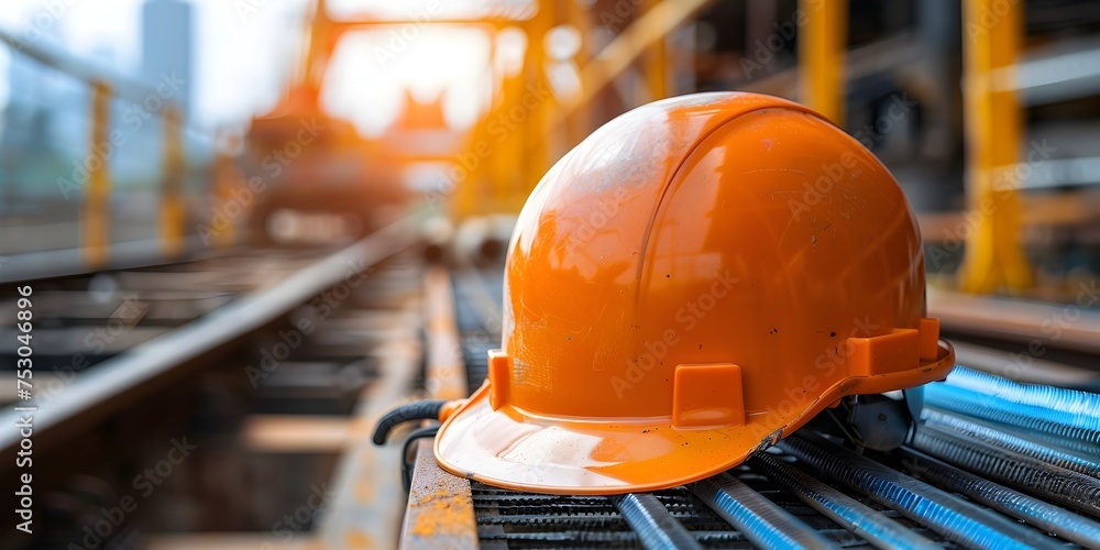 Orange Construction Helmet on Train Tracks, To convey a sense of ...