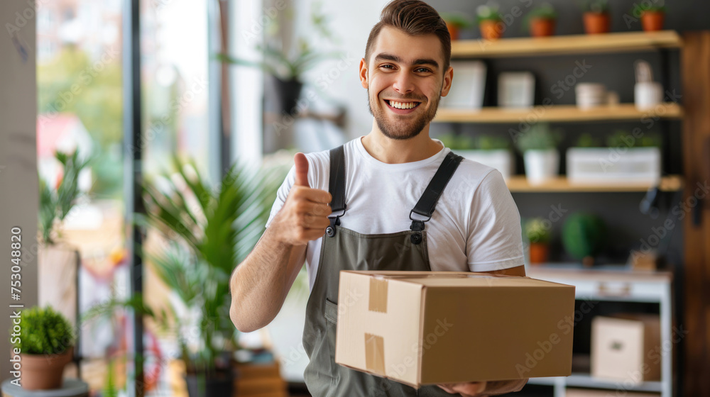 Moving day concept. Young happy smiling employee of moving service ...