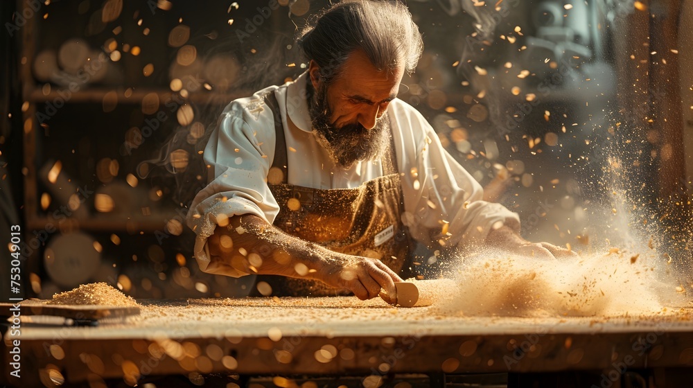 Bearded Woodworker Crafting a Wooden Throne, To convey the focus and ...