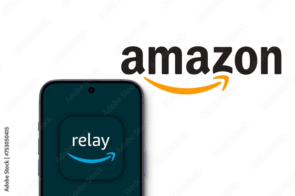 Amazon relay logo is displayed on a smartphone, Amazon Logo next to it ...