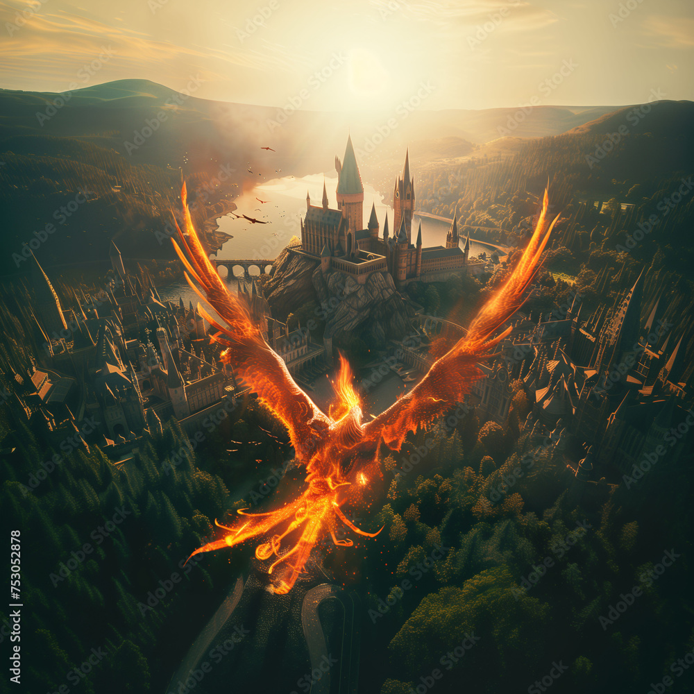 ancient castle with flaming phoenix, magical castle with phoenix ...