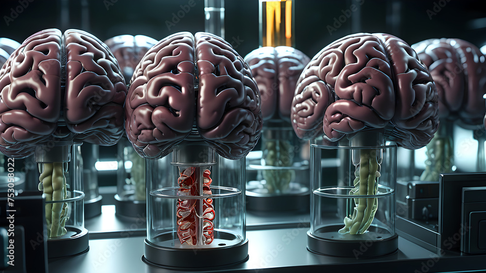 human brain in a test tube under alien observation. Aliens are ...