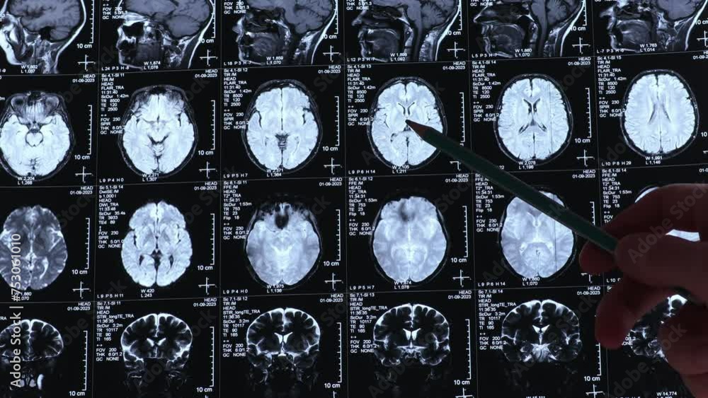 Slow motion footage of a Doctor examining MRI, MRI, CT scan image of human brain. Medical ...