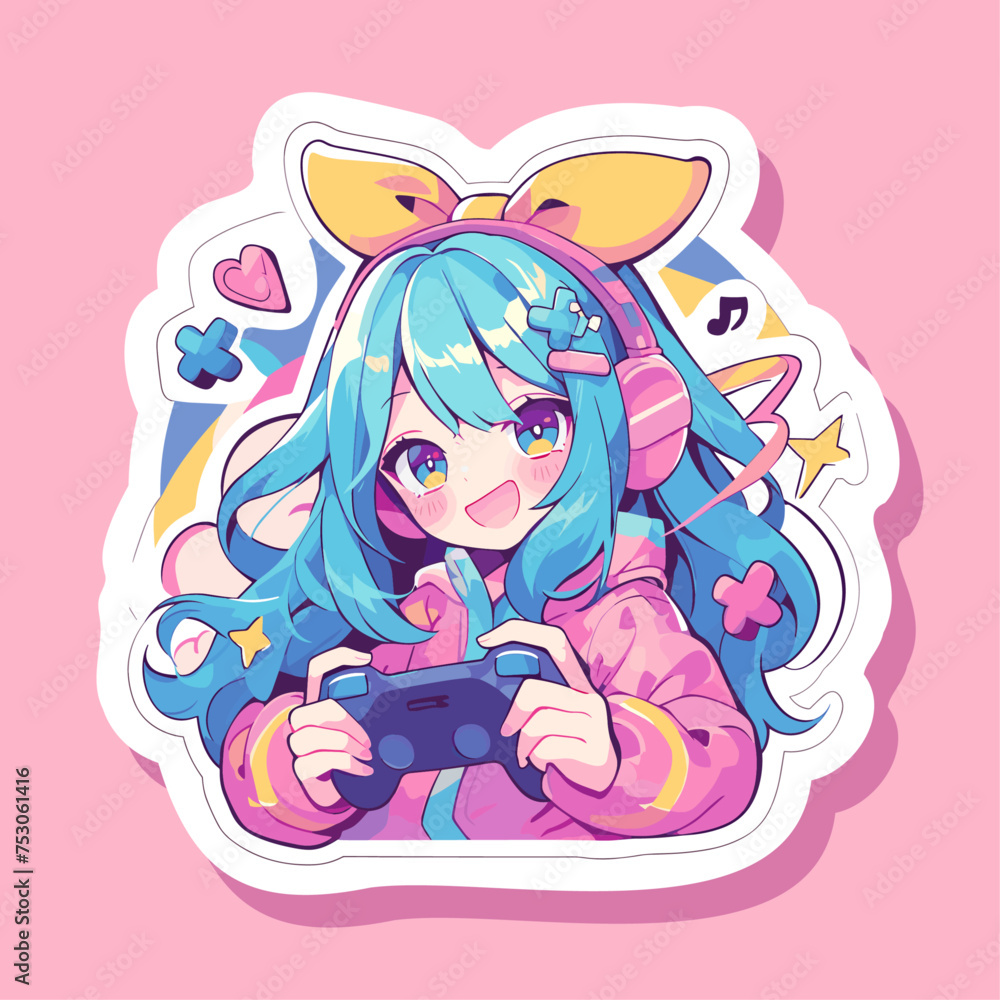Anime girl gamer or streamer with gamepad joystick. Cartoon anime style ...