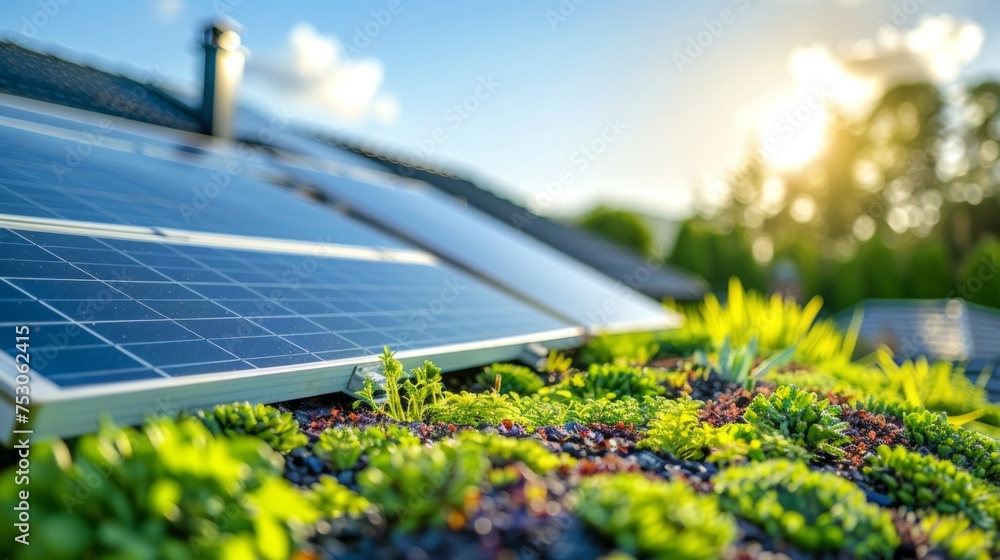 Foto de Green roof and photovoltaic panels on the roof of an ecological ...