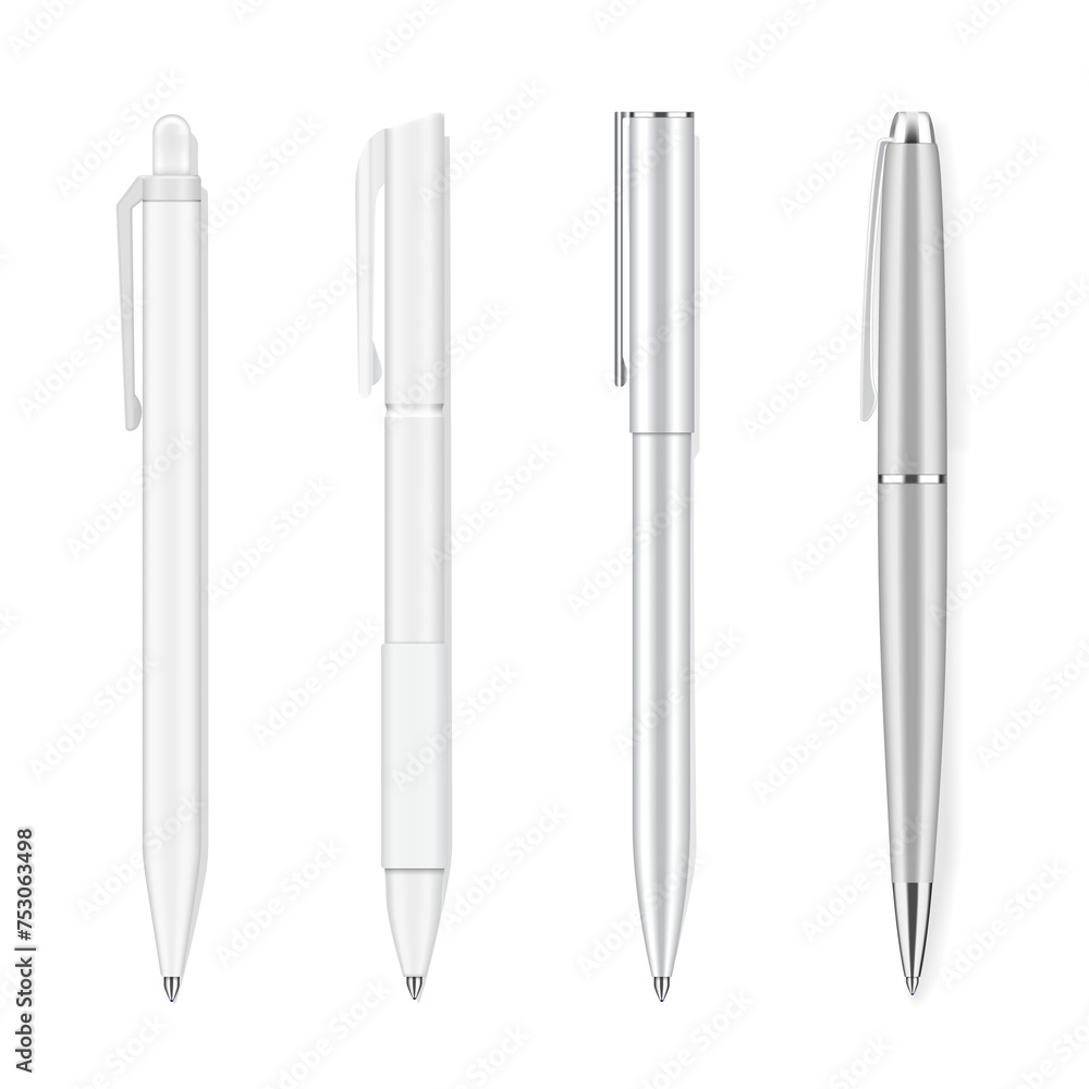 Realistic writing pens mock up. Grey white plastic ballpens template ...