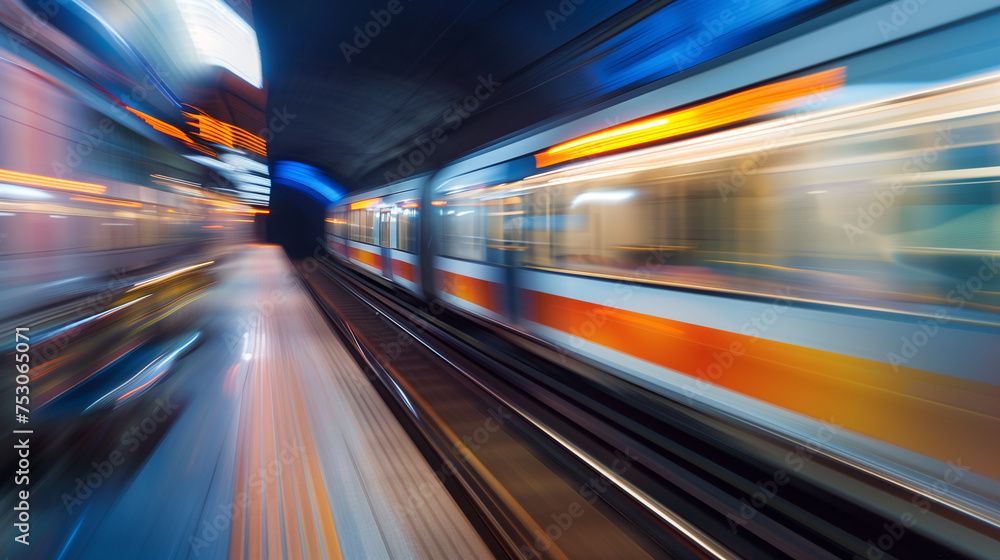 High speed train in motion on the railway station at dusk. Moving blue ...