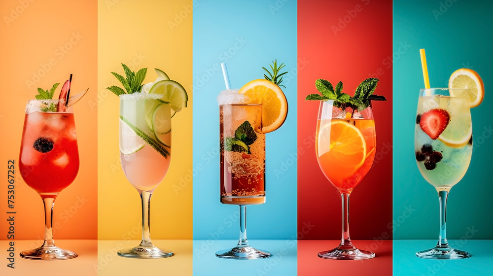 Collage set of different types alcoholic and non-alcoholic cocktails ...