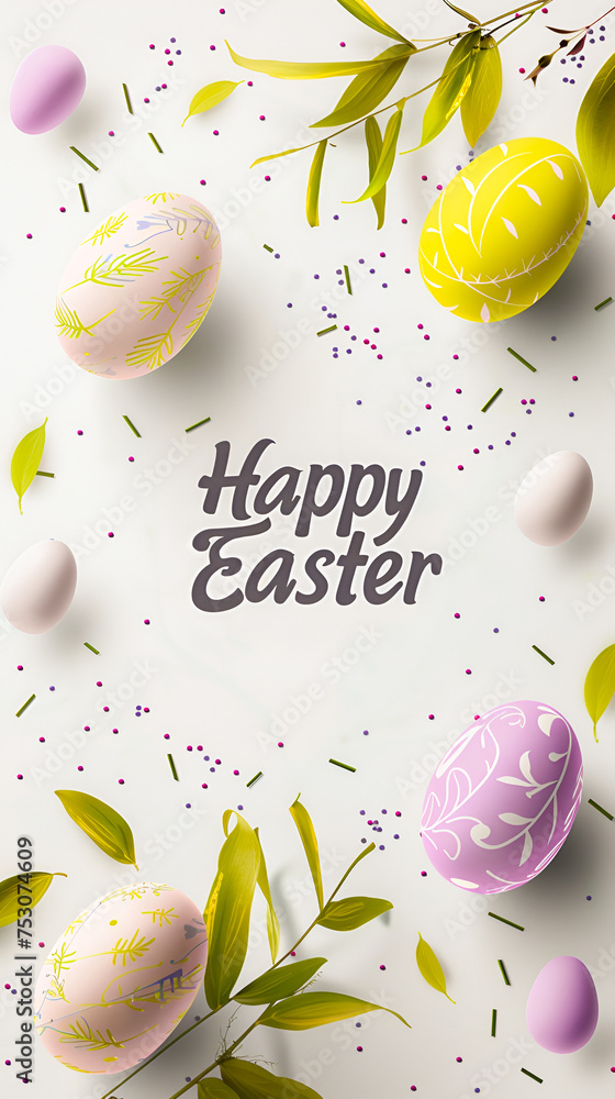 Vertical spring Easter frame background with green and pink Easter eggs ...