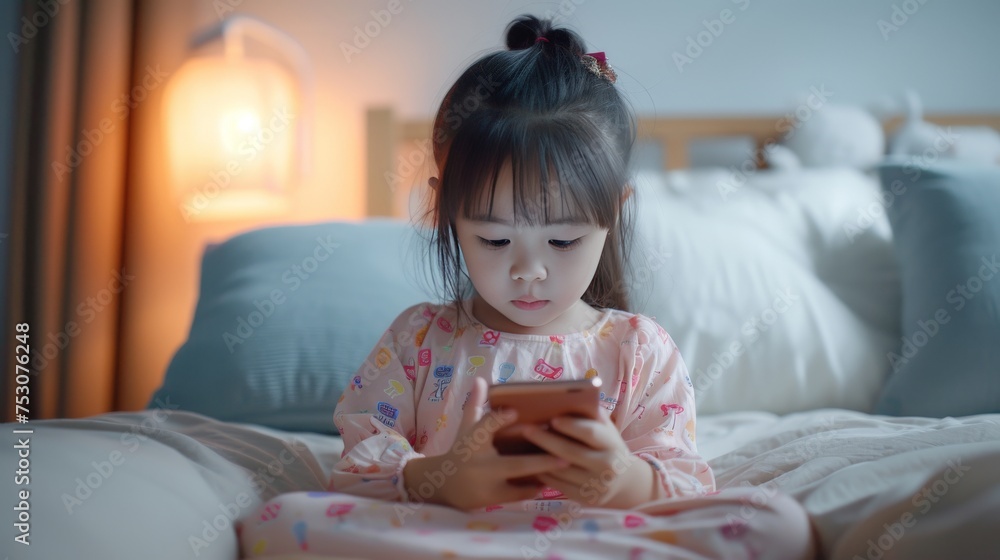 Little girl using smartphone at home panoramic banner. Cute child ...
