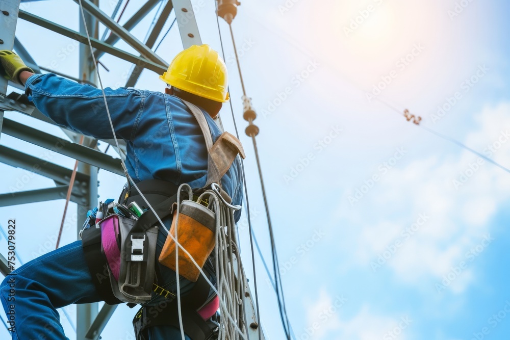 Dangerous tower industry with engineer worker at heights, architecture ...