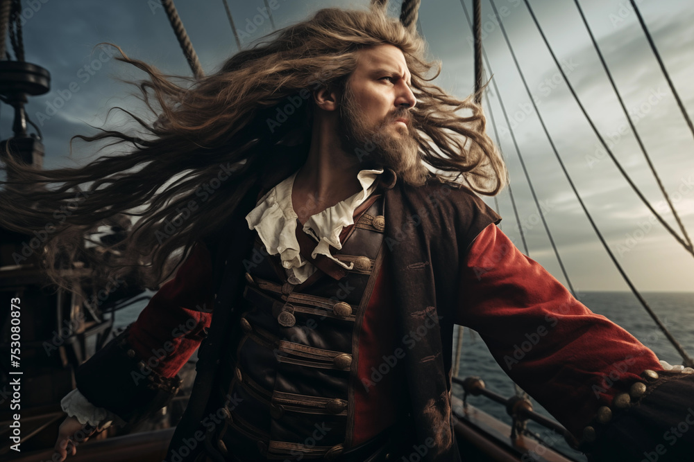 Daring pirate captain, standing proudly on the deck of his ship, with ...