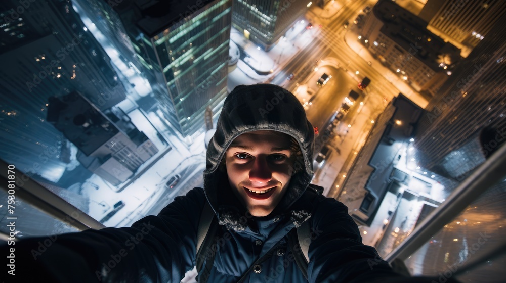 A young guy, a man, takes a photo of a selfie on the roof of a ...
