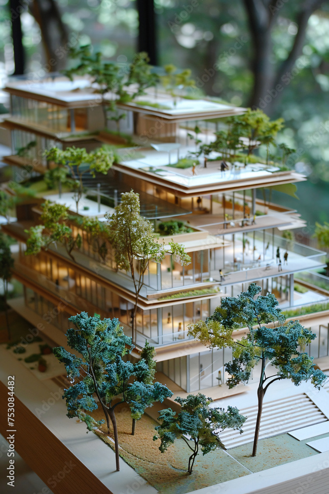 An architectural model of a green office complex, showcasing ...