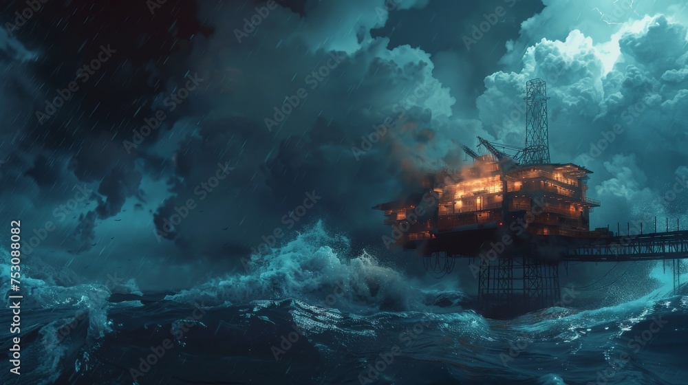 A dramatic nighttime display of an offshore oil rig engulfed by a ...