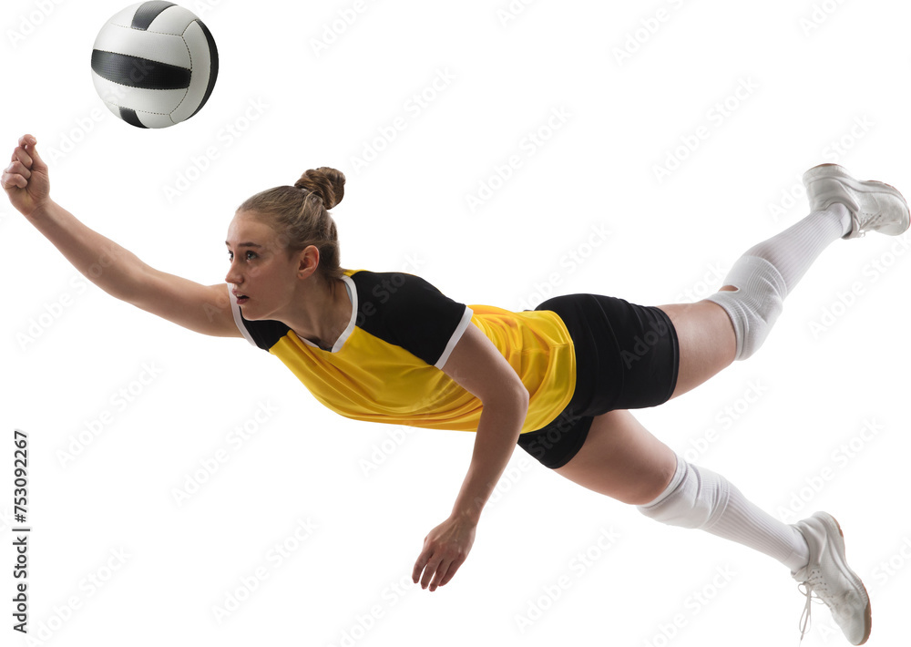 Concentrated and competitive young woman, beach volleyball player ...