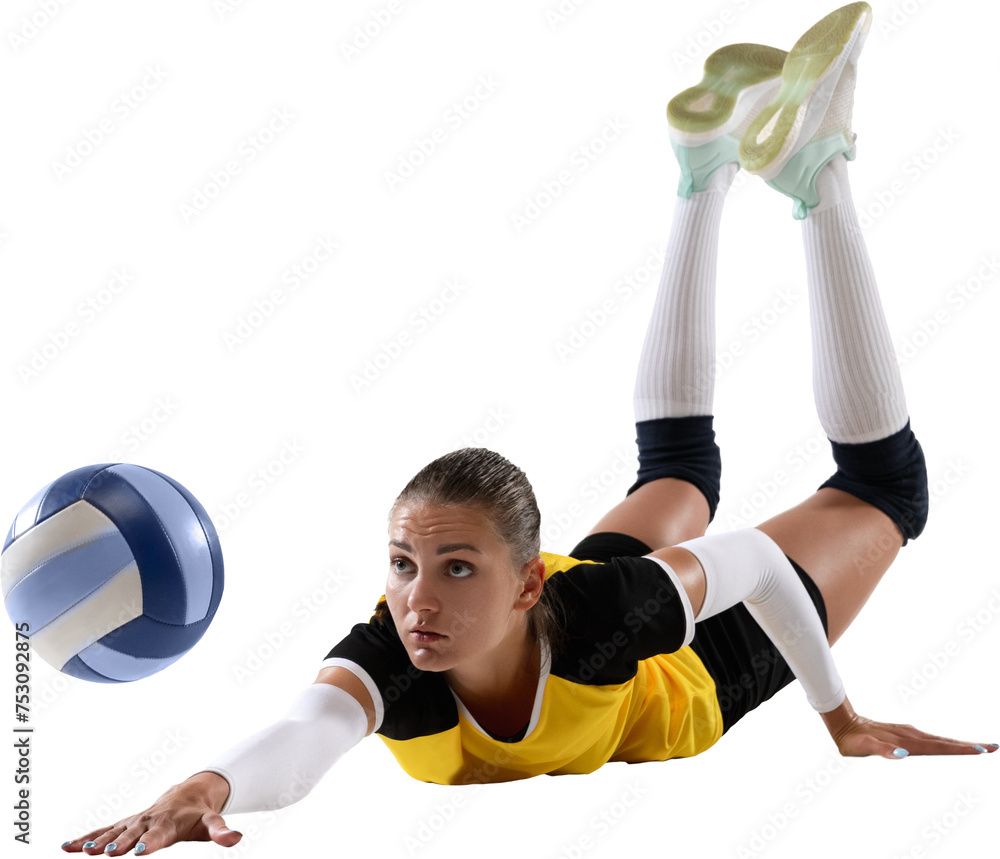 Competitive young woman, volleyball player in motion, hitting ball and ...