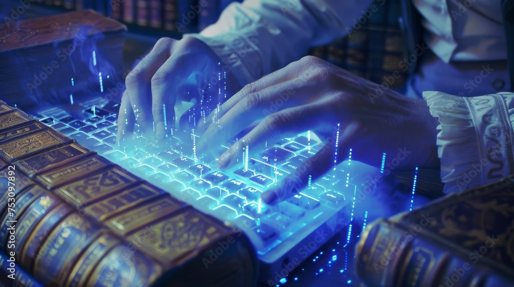Amidst an ethereal library a hackers hands summon codes from ancient books on a keyboard of ...