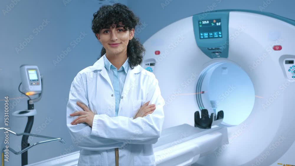 Young tomography specialist posing with crossed arms. Cheerful doctor ...