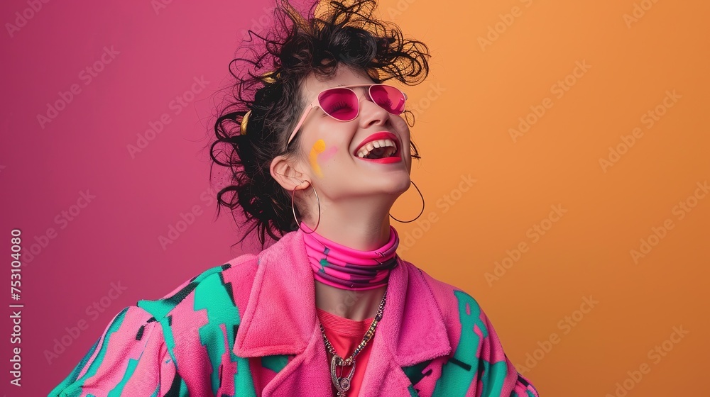 Surrealistic depiction of a young happy woman laughing in vibrant 80s ...